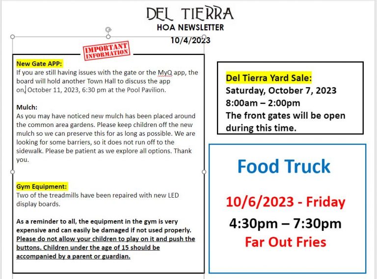 HOA NEWSLETTER 10/04/2023 – Del Tierra HOA
